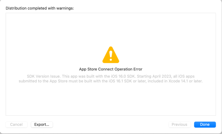 Flutter:App Store Connect Operation Error(SDK Version Issue)の警告 | halzo appdev blog
